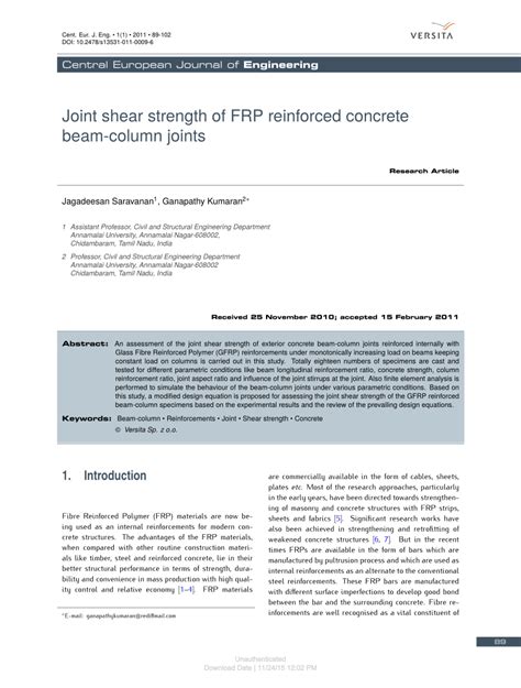 Pdf Joint Shear Strength Of Frp Reinforced Concrete Beam Column Joints