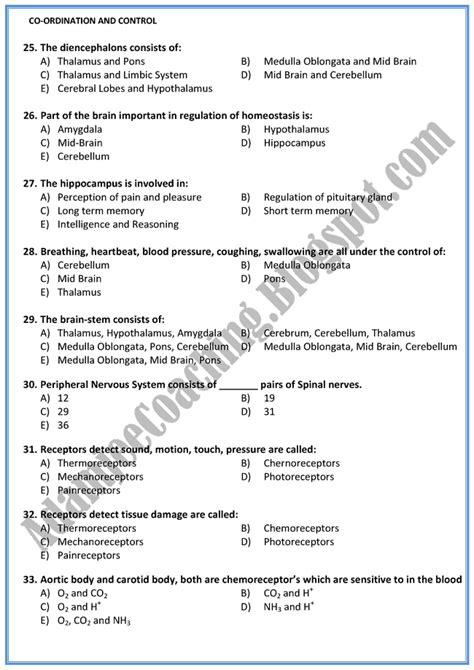 Adamjee Coaching Biology Mcqs XII Co Ordination And Control Mcqs