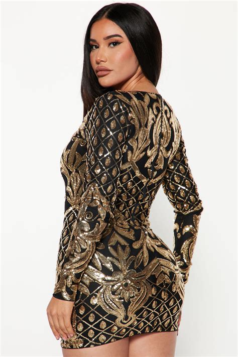 Black And Gold Sequin Dress With Sleeves