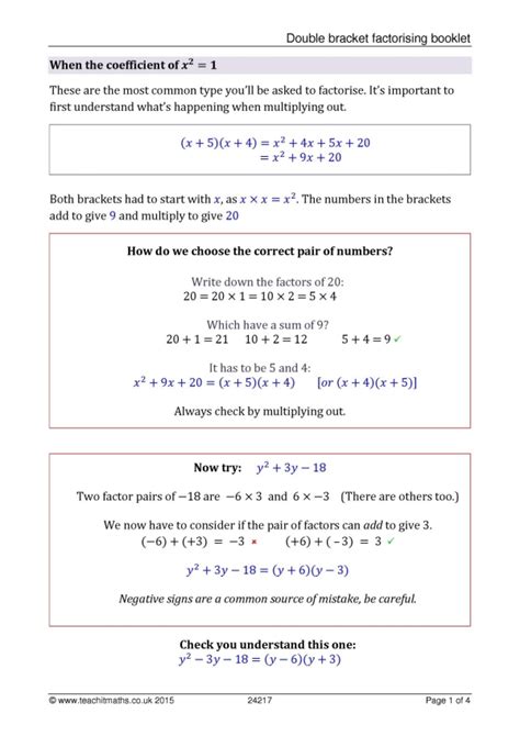 Double Bracket Factorising Booklet Ks3 4 Maths Teachit