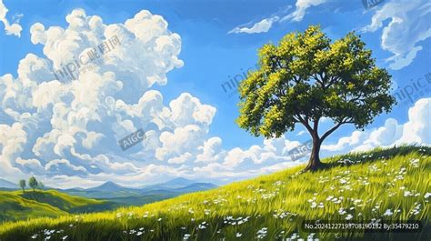Ai创作图蓝天白云绿茵茵大树 宽屏风景画 蓝天大树风景画 风景插画壁纸 蓝天白云草地树木 横版自然风光 蓝天白云草地插画 大树风景画 白云蓝天花草树素材 蓝天白云小树 草地场景插画 阳光晴朗