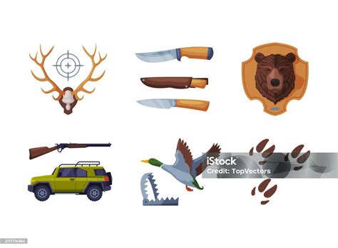 오프로드 자동차 곰 머리 나이프 뿔 소총 오리 및 추적 벡터 세트로 사냥 개인 장식품에 대한 스톡 벡터 아트 및 기타 이미지