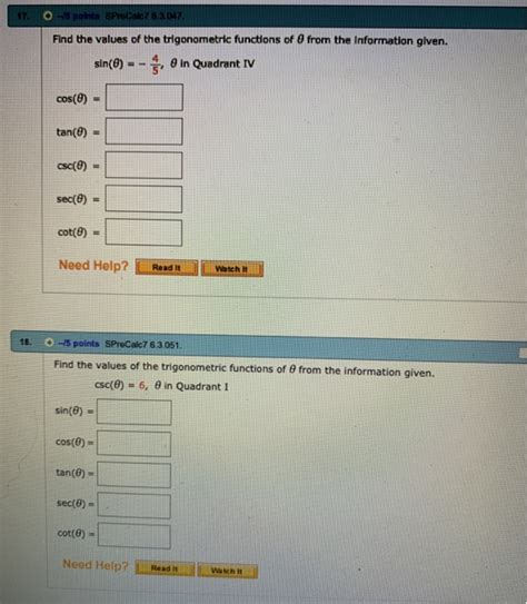 Solved Find The Values Of The Trigonometric Functions Chegg