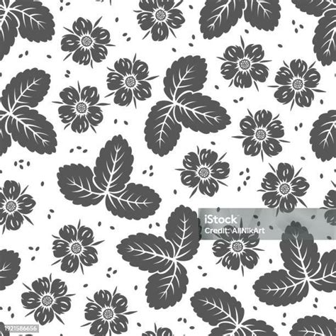 여름 꽃 완벽 한 패턴입니다 딸기의 잎과 꽃 흑인과 백인 배경입니다 섬유 포장지 포장 등에 적합합니다 벡터 일러스트 레이 션 0명에 대한 스톡 벡터 아트 및 기타 이미지