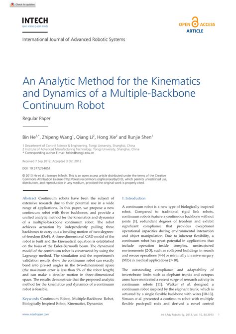 Pdf An Analytic Method For The Kinematics And Dynamics Of A Multiple Backbone Continuum Robot