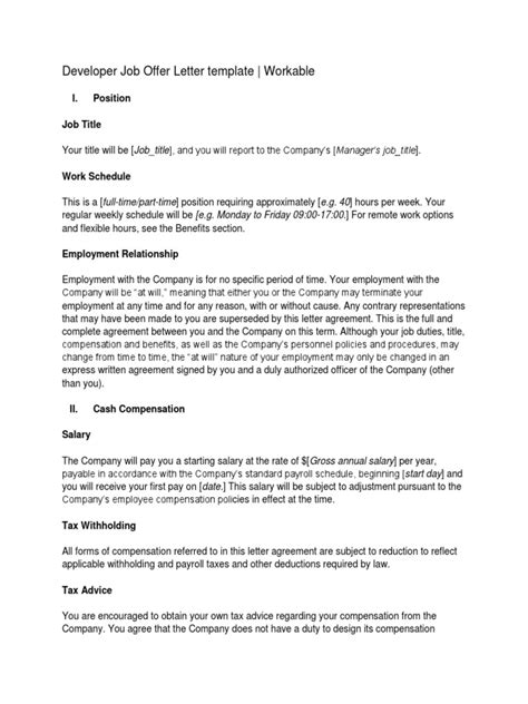 Developer Job Offer Letter Template Pdf Employment Employee Benefits