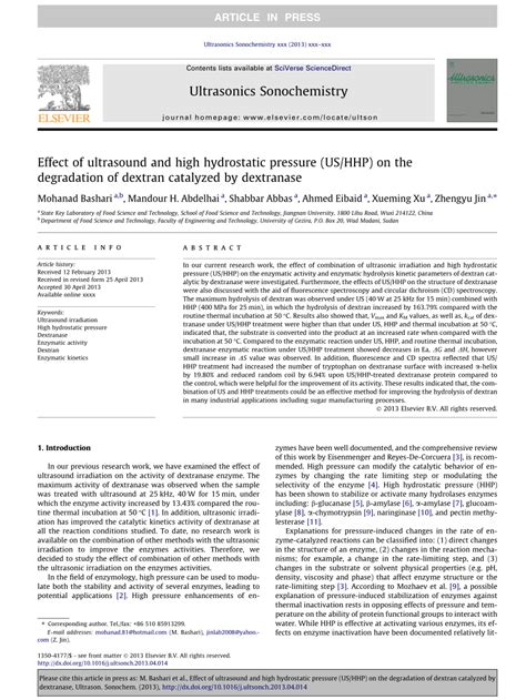 Pdf Effect Of Ultrasound And High Hydrostatic Pressure Ushhp On The Degradation Of Dextran