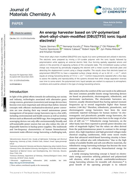 Pdf An Energy Harvester Based On Uv Polymerized Short Alkyl Chain