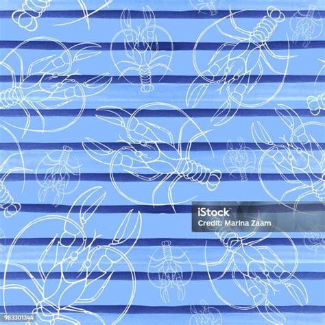 해양 테마 암 랍스터 파란 줄무늬 파도 바다 강 대 완벽 한 패턴의 수채화 그림 줄무늬 배경 여름 패턴 디자인 및 장식 0명에 대한 스톡 벡터 아트 및 기타 이미지 Istock