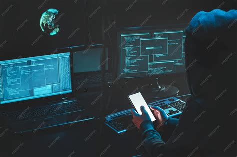 Premium Photo Overhead Hacker In Hood Working At Laptop And Mobile Phone Typing Text In Dark