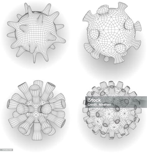 다른 다각형 바이러스 성 세포의 집합 코로나 바이러스 선형 윤곽선 다각형 메시 스타일 바이러스 박테리아 백색 배경 벡터