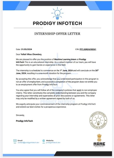 received an internship offer for ml at prodigyinfotech yellati vikas chowdary posted on the