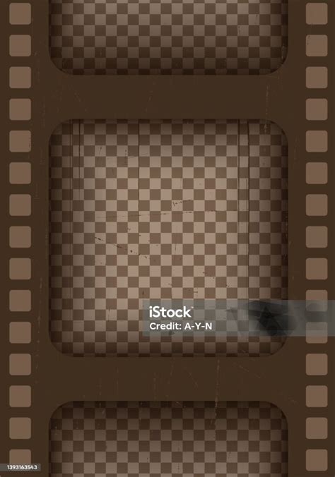 투명한 배경에 오래된 갈색 시네마틱 프레임 긁힌 빈티지 비디오 또는 사진 테이프 그런 지 패턴이있는 복고풍 스타일의 3d 사실적인 화면 골동품 슬라이드 템플릿 벡터 카드