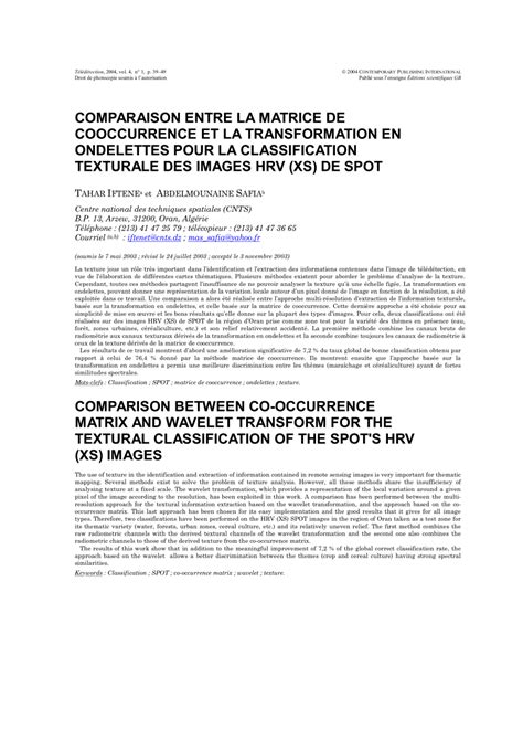 Pdf Comparison Between Co Occurrence Matrix And Wavelet Transform For The Textural
