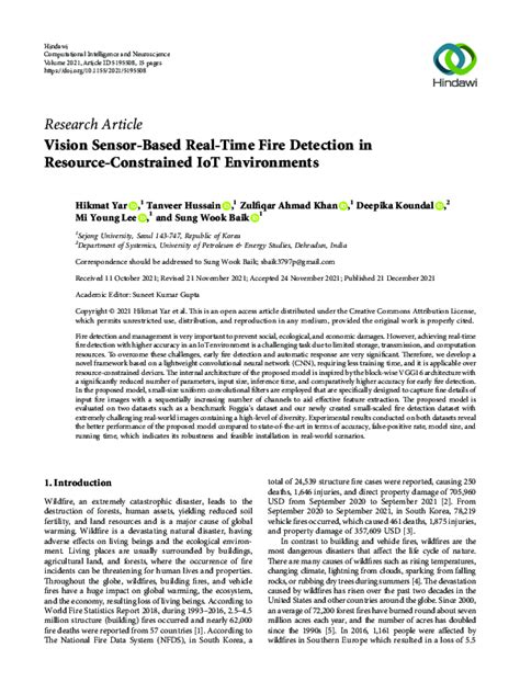 Pdf Vision Sensor Based Real Time Fire Detection In Resource Constrained Iot Environments
