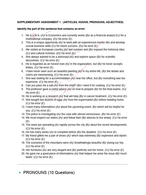 Supplementary Assignment 1 Articles Nouns Pronouns Adjectives Pdf Syntax Linguistic