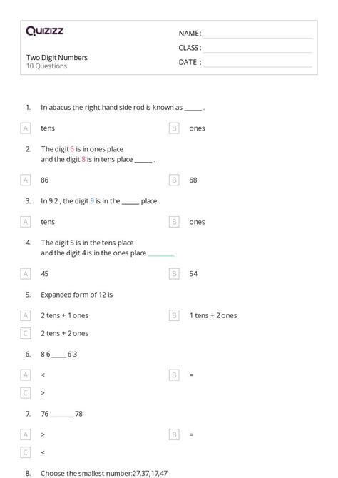 50 Two Digit Numbers Worksheets For 1st Class On Quizizz Free Printable