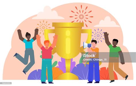 승리 승자 승리를 축하하는 사람들 남자와 여자 큰 황금 컵 근처에 서 팀 소셜 미디어 웹 페이지 배너 프리젠 테이션포스터 개념에