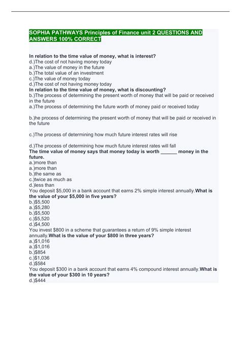 Sophia Pathways Principles Of Finance Unit 2 Questions And Answers 100