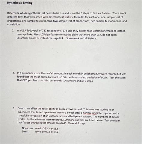 Solved Hypothesis Testing Determine Which Hypothesis Test