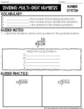 Dividing Multi Digit Numbers Guided Notes TpT