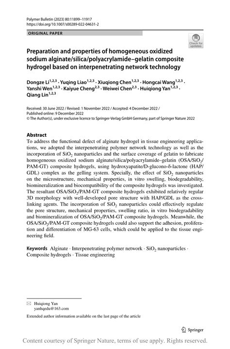 Preparation And Properties Of Homogeneous Oxidized Sodium Alginatesilicapolyacrylamidegelatin