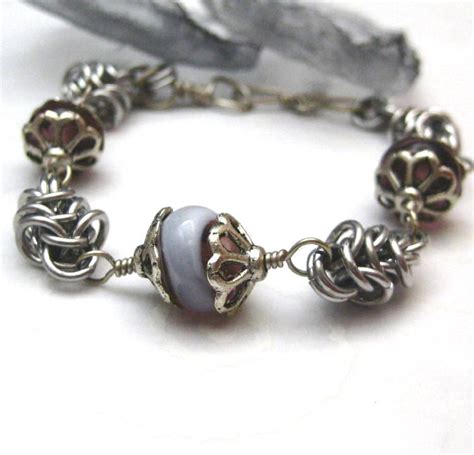 Purple And White Lampwork Glass Bracelet And Box Chain Chainmail Links