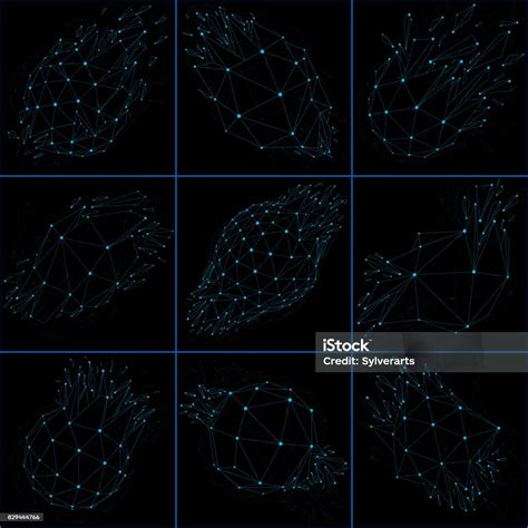 3d 벡터 낮은 폴 리 개체 연결된 라인 및 점 와이어 프레임 모양 입자의 집합입니다 관점의 컬렉션 산산조각이 형태 발광 효과 통신 기술입니다 3차원 형태에 대한 스톡 벡터