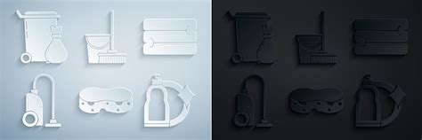 스폰지 수건 더미 진공 청소기 액체 식기 세척액용 플라스틱 병 걸레와 양동이 쓰레기통 아이콘을 설정합니다 벡터 3차원 형태에