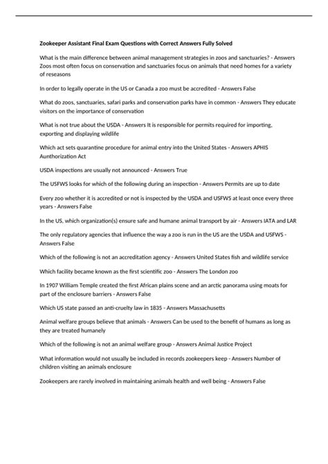 Zookeeper Assistant Final Exam Questions With Correct Answers Fully