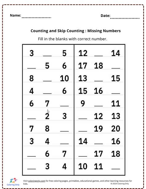 Counting And Skip Counting Missing Numbers Free Printable Worksheet