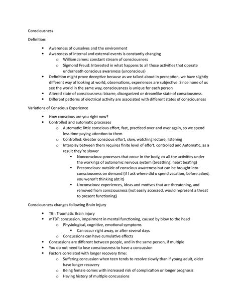 Lecture 7 Notes For Psyc 1001 Intro To Psyc Consciousness Definition