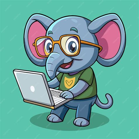 Happy Elephant Programmer With Laptop Cartoon Illustration Premium Ai