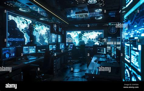 This Image Depicts A Dark Moody Cybersecurity Lab With A Futuristic High Tech Interior Multiple
