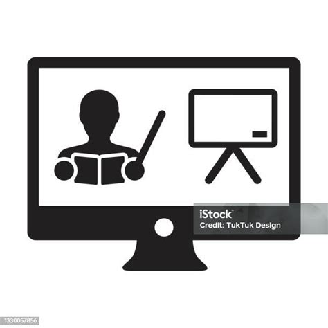 글리프 픽토그램의 온라인 교육 과정을 위한 컴퓨터 모니터 및 화이트보드가 있는 온라인 클래스 아이콘 벡터 교사 기호 강사에 대한 스톡 벡터 아트 및 기타 이미지 Istock
