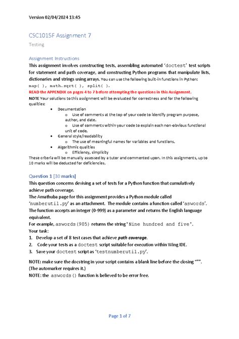 7 Testing Csc1015f Assignment 7 Testing Assignment Instructions This Assignment Involves