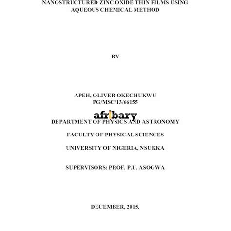Synthesis And Characterization Of Nanostructured Zinc Oxide Thin Films Using Aqueous Chemical