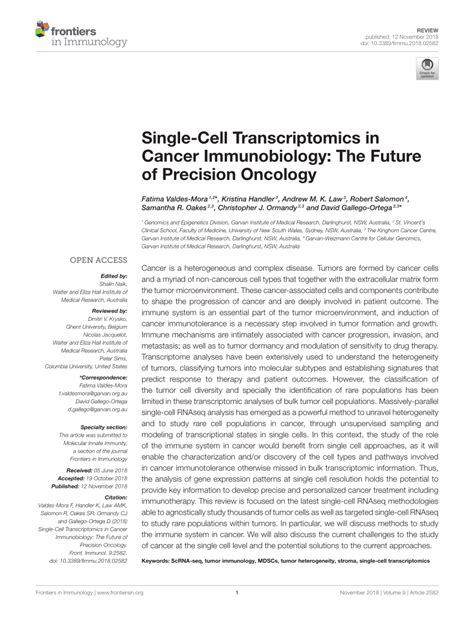 Pdf Single Cell Transcriptomics In Cancer Immunobiology The Future