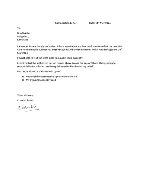 Airtel Sim Authorization Letter Pdf