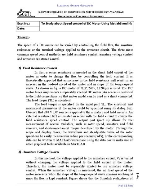 Experiment 1 Speed Control Of Dc Motor Using Matlab Simulink Pdf Electric Motor Electrical