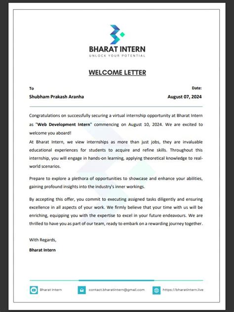 Received An Internship From Bharat Intern Shubham Prakash Aranha