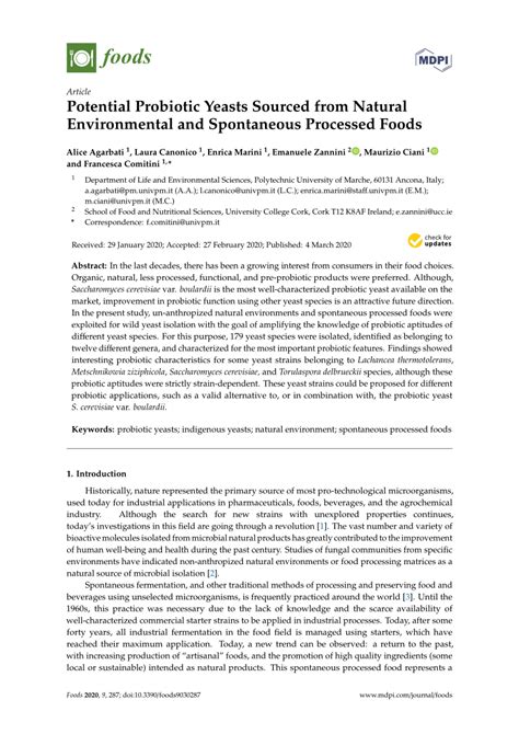 Pdf Potential Probiotic Yeasts Sourced From Natural Environmental And Spontaneous Processed Foods
