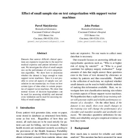 Effect Of Small Sample Size On Text Categorization With Support Vector Machines Acl Anthology