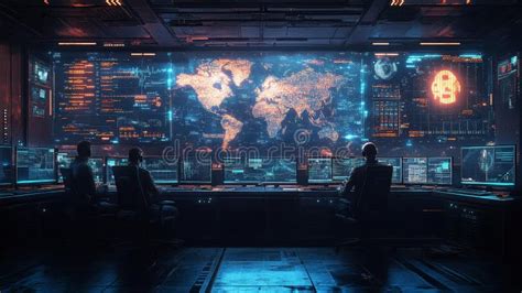 High Tech Control Room With World Map Display Generative Ai Stock Illustration Illustration Of