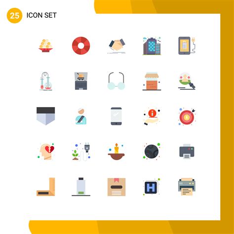 Mobile Interface Flat Color Set Of 25 Pictograms Of Full Mobile Hand Shake Office Building