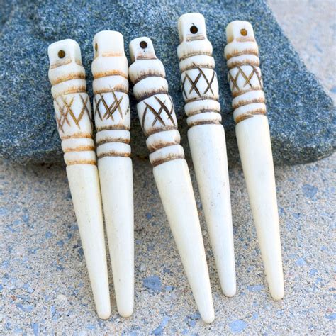 African Tribal Island Style Long Carved Bone Stick Tusk Pendant 80mm