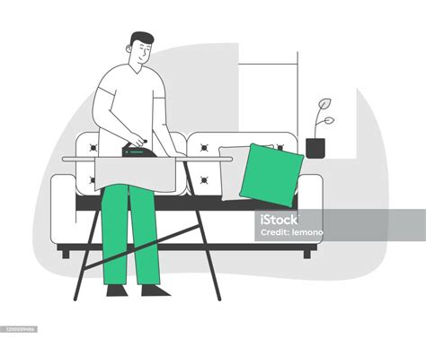 가정용 남성 캐릭터 하우스 키핑 프로세스 개념입니다 생활실에서 가사 남자 다림질 의류 가정 업무와 집안일의 일상 만화 플랫 벡터 일러스트 라인 아트 가사 집안일에 대한 스톡