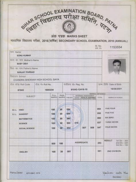 Class 10 Marksheet Pdf