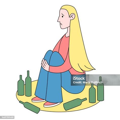 와인 한 병을 든 슬픈 십 대 소녀 젊은 여성과 술 알코올 남용 과잉 및 중독 불안에 대한 스톡 벡터 아트 및 기타 이미지 불안 술 마실 것 개념 Istock