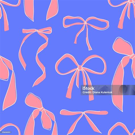 파란색 배경에 분홍색 리본이 있는 원활한 패턴입니다 흰색 윤곽선이 있는 분홍색 리본 휴일 직물 및 선물 제품을 위한 이음새가 없는 활 본의 현대 디자인 벡터 0명에 대한